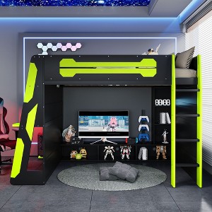 FAMYYT Full Size Gaming Loft Bed with Desk, Side storage rack, Multi ...