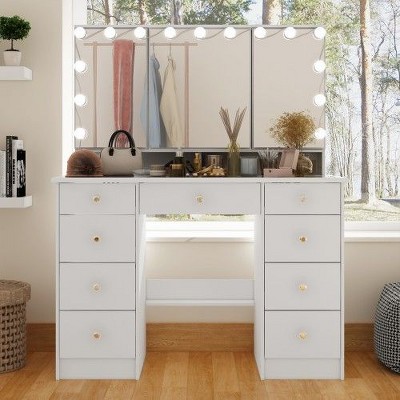 Vanity Desk, Makeup Vanity Desk With Mirror & 9 Led Light Bulbs : Target