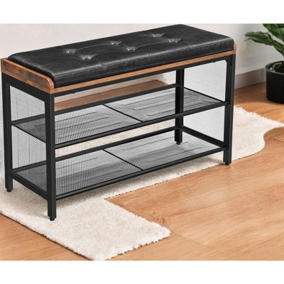 Padded Storage Bench With Mesh Shelf, Shoe Rack, Metal Frame, Easy ...