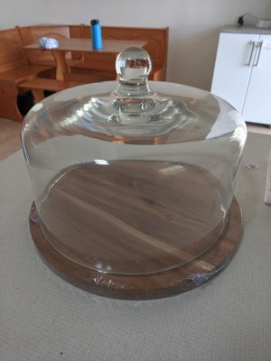 Libbey Acaciawood Flat Round Wood Server Cake Stand With Glass Dome ...