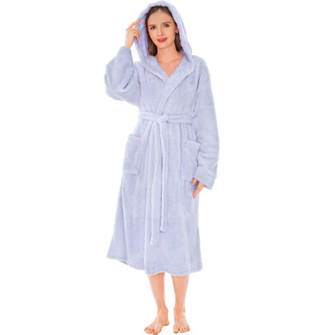 Pavilia Women Hooded Plush Soft Robe, Fluffy Warm Fleece Faux Shearling Shaggy Bathrobe (light ...