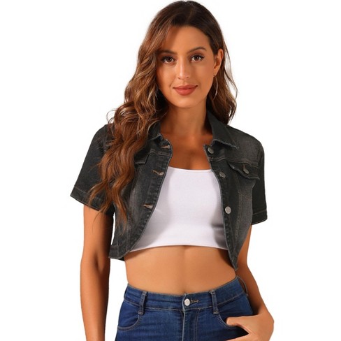 Allegra K Women's Turndown Collar Short Sleeves Crop Casual Jean Jacket ...