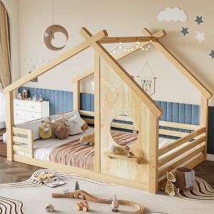 Full House Floor Bed with Window and Small Shelf, Solid Wood ...