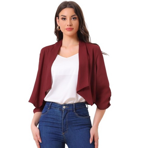 Allegra K Women's 3/4 Ruched Sleeve Shawl Lapel Lightweight Open Front ...