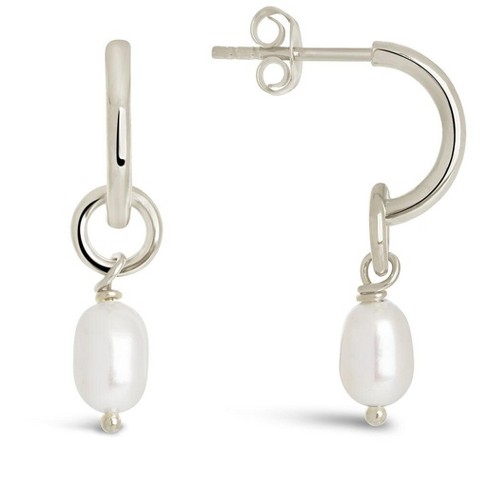 Shine By Sterling Forever Sterling Silver Pearl Drop Hoop Earrings : Target