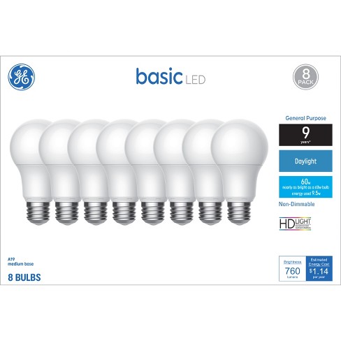 Ge 8pk 60w Basic A19 Led Light Bulbs Daylight: 9.5w 5000k E26 Base, 760 ...