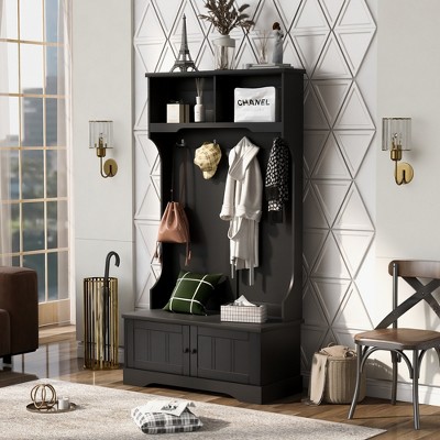 3 Tier Entry Bench With Hooks Black Metal With Natural Wood ...
