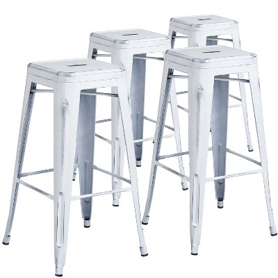 Emma And Oliver 4 Pack 24" High Backless Distressed White Metal Indoor ...