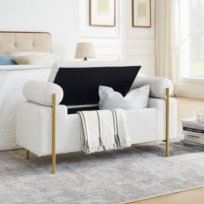 Elegant Upholstered White Linen Storage Bench With Cylindrical Arms And ...