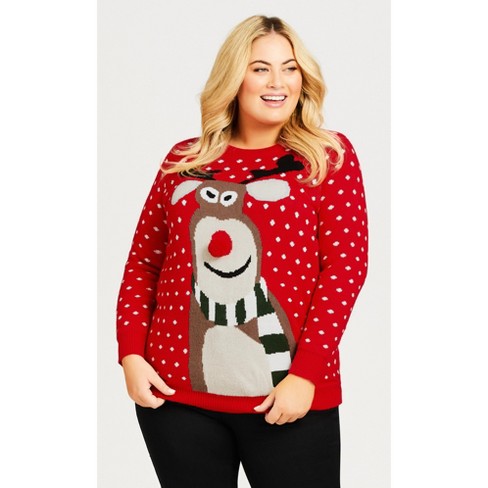 Avenue | Women's Plus Size Peta Reindeer Sweater - Red - 10-12 : Target