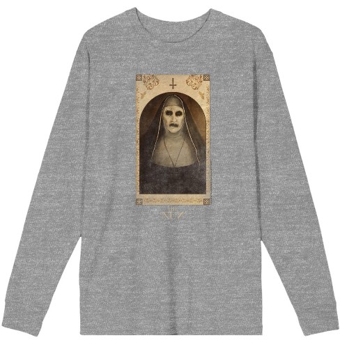 The Nun Scary Demon Face Woman Adult Heather Gray Crew Neck Long Sleeve ...