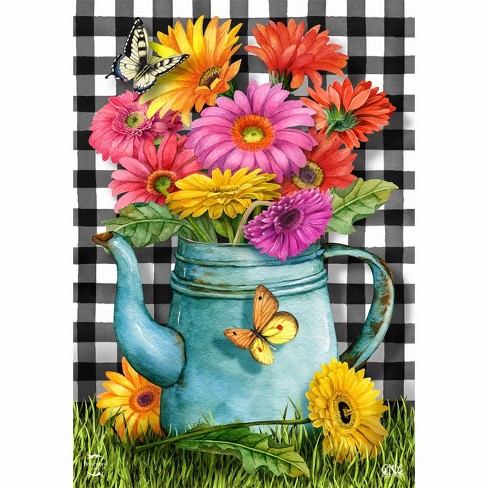 Gerber Daisy Watering Can Spring Garden Flag Checkered 18" X 12.5 ...