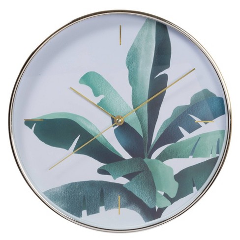 Kiera Grace 12" Norvin Wall Clock Banana Leaf: Modern Glass Decorative Timepiece, Indoor Use ...