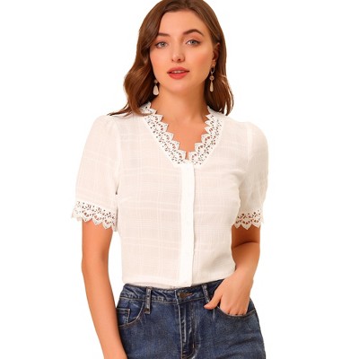 Allegra K Women's V-neck Short Sleeve Lace Crochet Shirt : Target