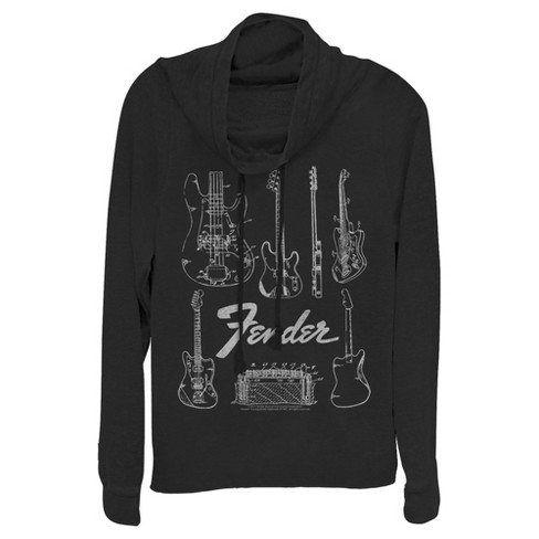 Juniors Womens Fender Guitar Chart Cowl Neck Sweatshirt - Black ...
