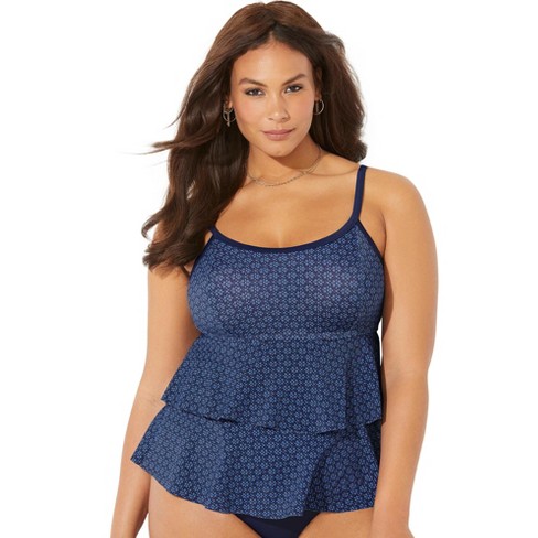 Swimsuits For All Women’s Plus Size Tiered Tankini Top, 12 - Navy ...