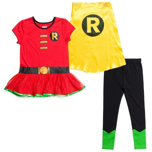 Dc Comics Robin Girls Cosplay T-shirt Dress Leggings And Cape 3 Piece ...