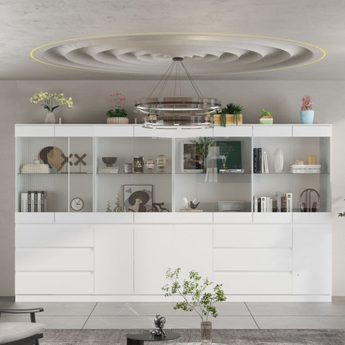 Famapy White Modular Kitchen Pantry Cabinet With Light & Glass Doors ...