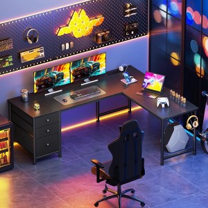 Qwatto 63 Inch L Shaped Gaming Desk Black Computer Corner Table with ...