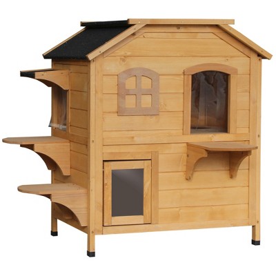 Pawhut Wooden 2-story Outdoor Cat House, Feral Cat Shelter Kitten Condo ...
