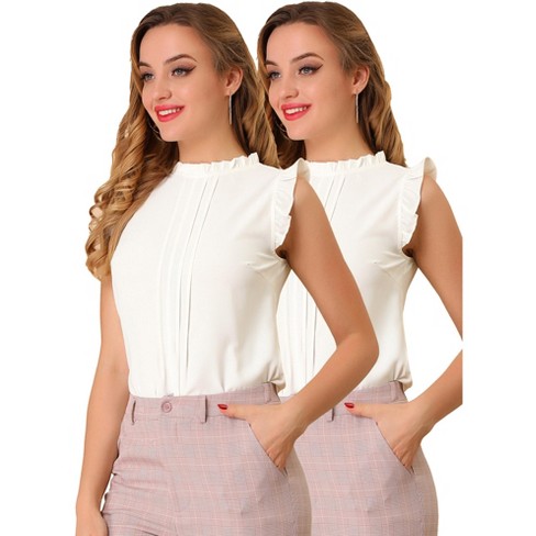 Allegra K Women's Ruffled Crew Neck Office Vintage Sleeveless Blouses 2 ...