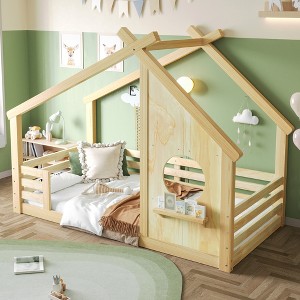 Twin House Floor Bed with Window and Small Shelf, Solid Wood ...