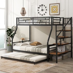 XIYUYEU Twin Over Full Bunk Bed with Safety Guardrail,Modern Metal Loft Bed with Trundle and ...