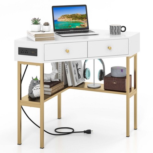 Costway Corner Desk With Built-in Charging Station Storage Drawers ...
