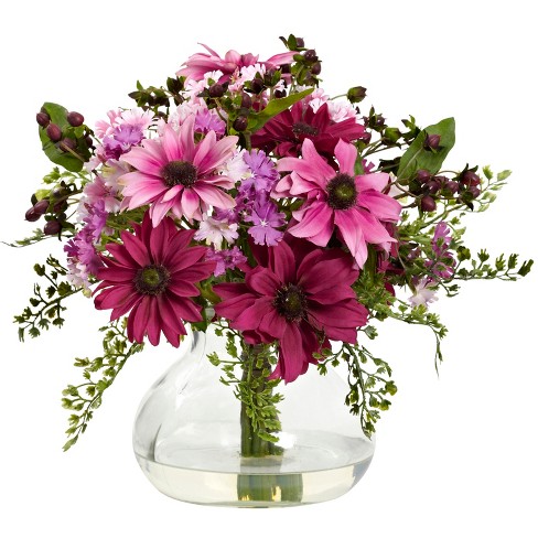 Nearly Natural Mixed Daisy Floral Arrangement With Vase, Pink : Target