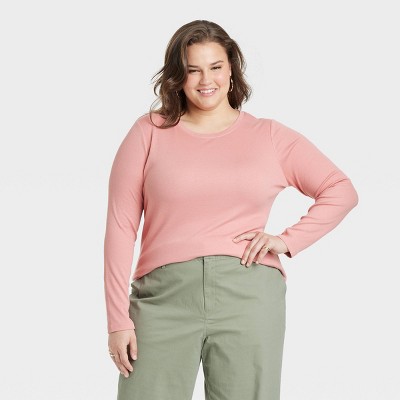 Women's Slim Fit Long Sleeve Ribbed Boat Neck T-shirt - A New Day™ Pink ...