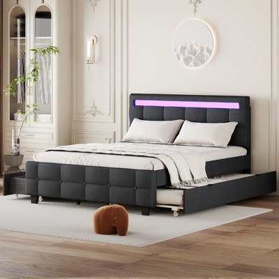 Queen Upholstered Bed With Led Frame, Twin Xl Trundle, 2 Drawers ...