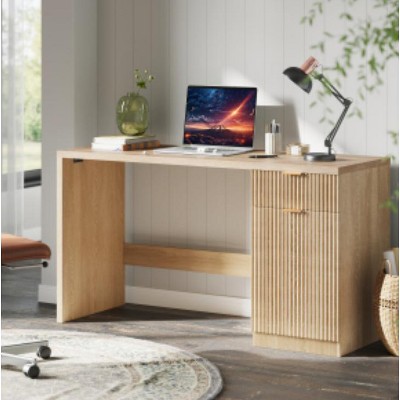 Modern Grooved Office Desk with Drawers and Cabinets Wooden Grooved ...
