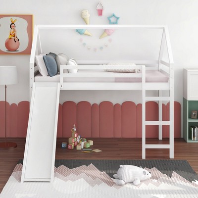 Nicbex Twin Size Bunk Bed Roof Shape Loft Bed Pine Bed Frame With Slide ...