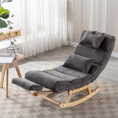 Solid Wood Ergonomic Gray Rocking Chair, PU Accent Chair with ...