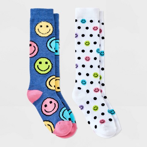 Girls' 2pk 'smiley' Fashion Knee High Socks - Cat & Jack™ Heather Blue ...