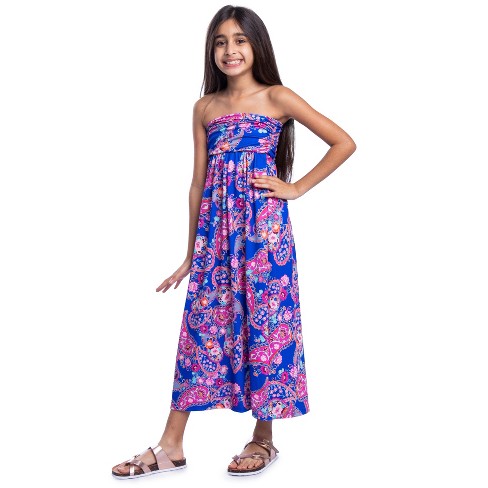 24seven Comfort Apparel Girls Blue Paisley Print Strapless Tube Maxi ...