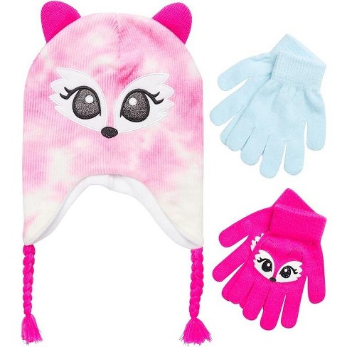 Girls Kitty Pink Cloud Winter Hat And 2 Pair Mittens Set (kids Ages 4-7 ...