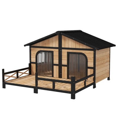 Pawhut 59"x64"x39" Wood Large Dog House Cabin Style Elevated Pet ...