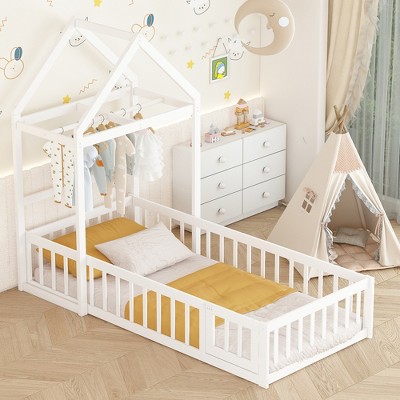 Twin Size Princess Carriage Bed With Crown, Wood Platform Car Bed With ...