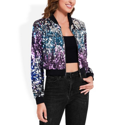 Anna-kaci Women's Sequin Bomber Jacket With Striped Ribbed Trim And Zip ...