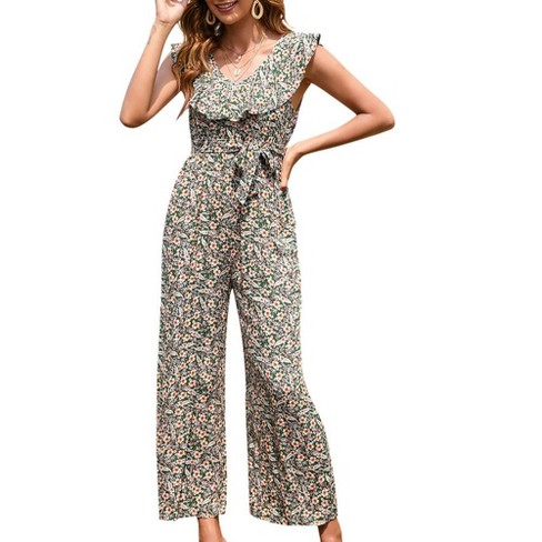 Jumpsuits For Women Ruffle V Neck Sleeveless Boho Floral Belted ...