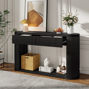 Oval Fluted Console Table with 2 Storage Drawers, Solid Wood Entryway ...