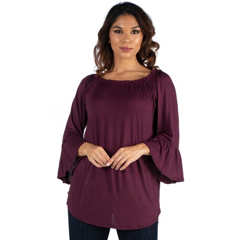 24seven Comfort Apparel Womens Bell Sleeve Loose Fit Tunic Top-plum-xl ...