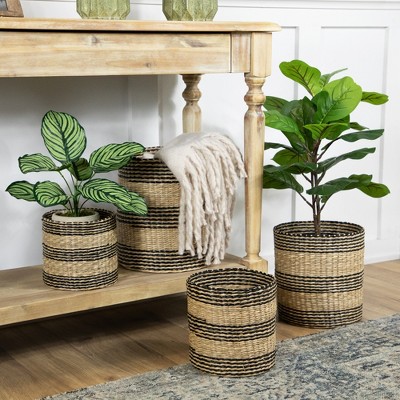 Northlight Set Of 4 Beige And Black Striped Woven Round Seagrass ...