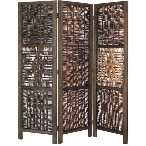3 Panel Screen Room Divider Wicker And Wood Brown Color Diamond Design ...