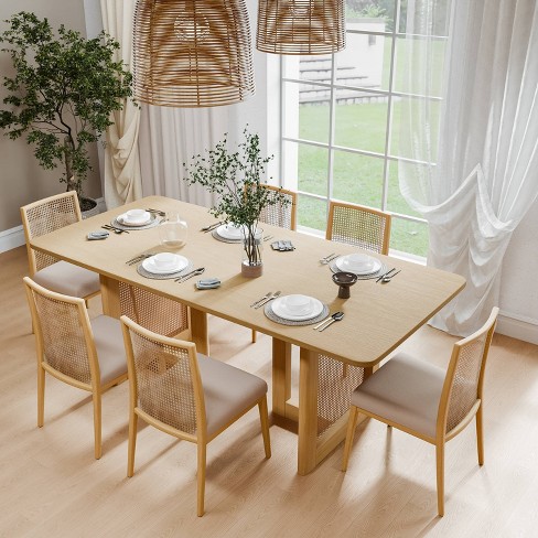 Dovelina Mid-century Rectangle Wood Rattan Dining Table Set 6 People ...