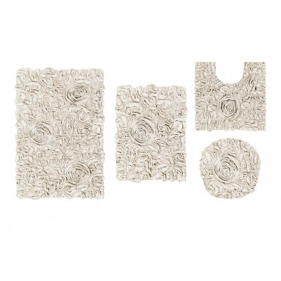 Set Of 4 Bell Flower Collection Ivory Cotton Floral Pattern Tufted Bath ...