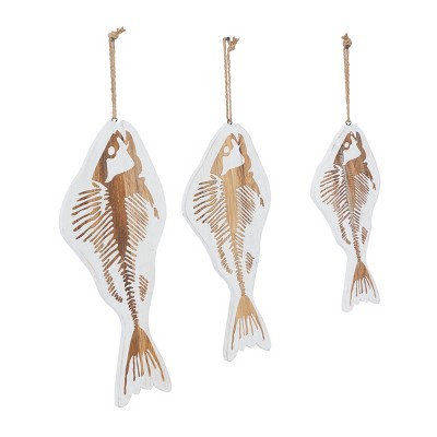 Set Of 3 Wood Fish Wall Decors With Hanging Rope White - Olivia & May ...