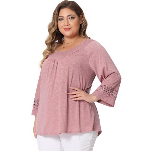 Agnes Orinda Women's Plus Size Crochet Panel Long Sleeves Ruched Front ...