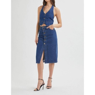 Inspire Chic Women's Denim Halter Neck Button Down Backless Jean Vest Dark Blue Medium : Target